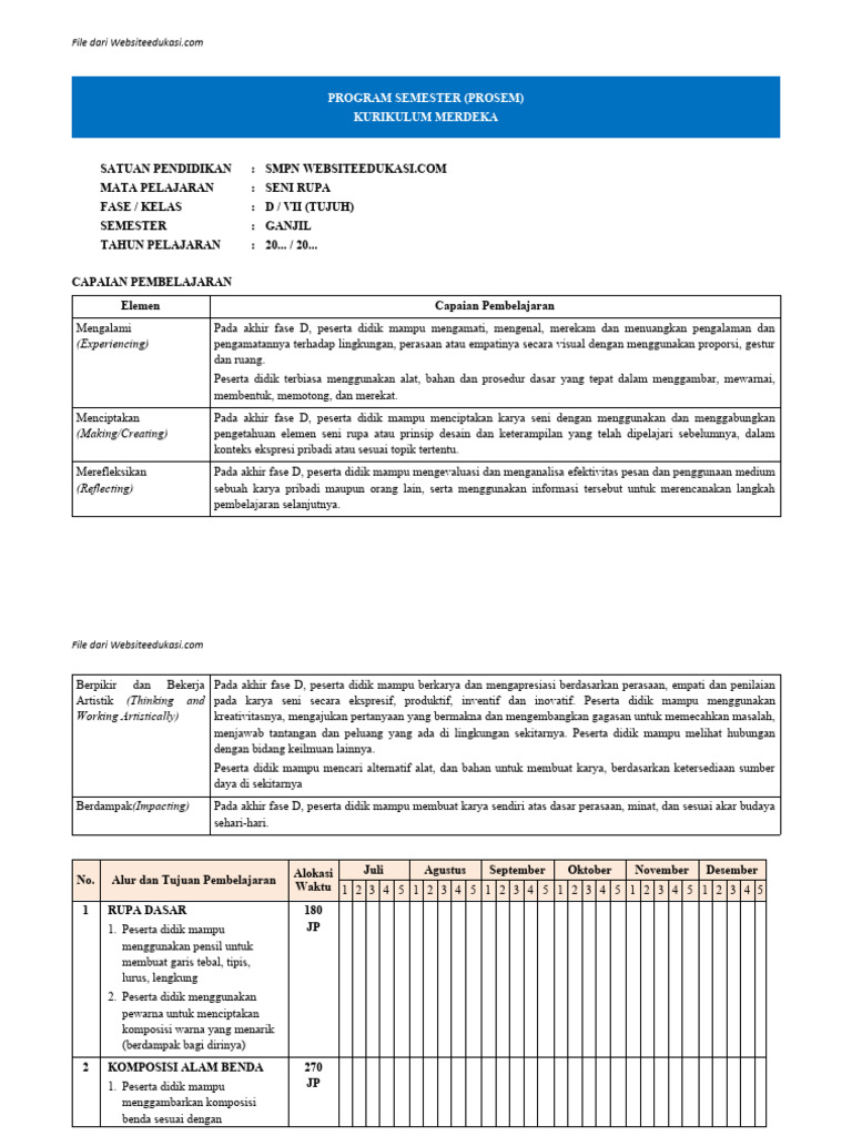 Prosem 1 Seni Rupa Kelas Vii Kumer | PDF