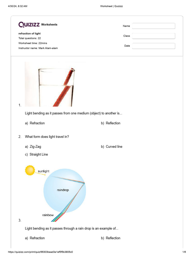 Worksheet _ Quizizz | PDF | Refraction | Reflection (Physics)