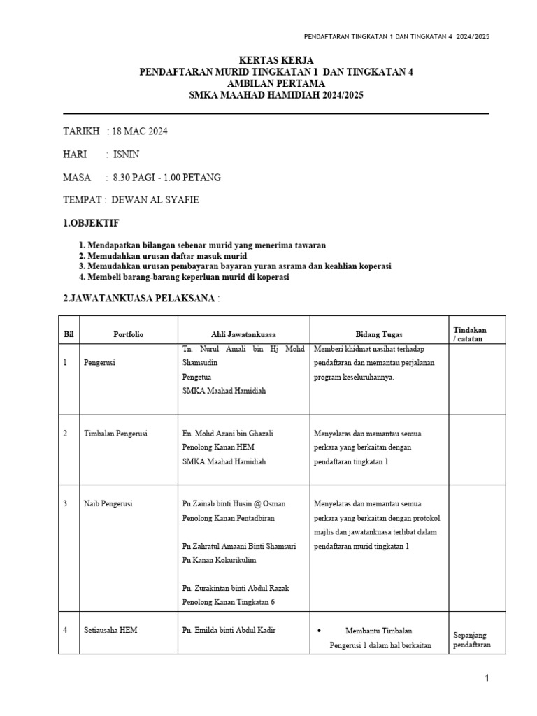 KERTAS KERJA PENDAFTARAN MURID TING 1 2024 - Draf | PDF