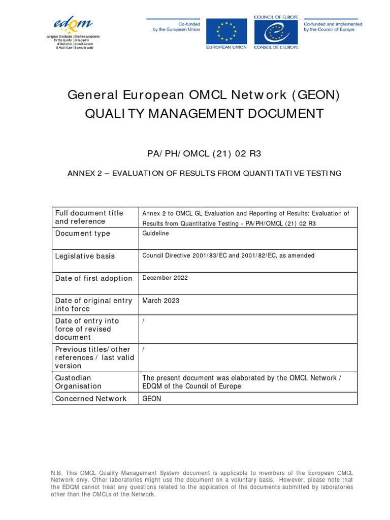 Annex 2 To OMCL GL Evaluation and Reporting of Results Evaluation of ...