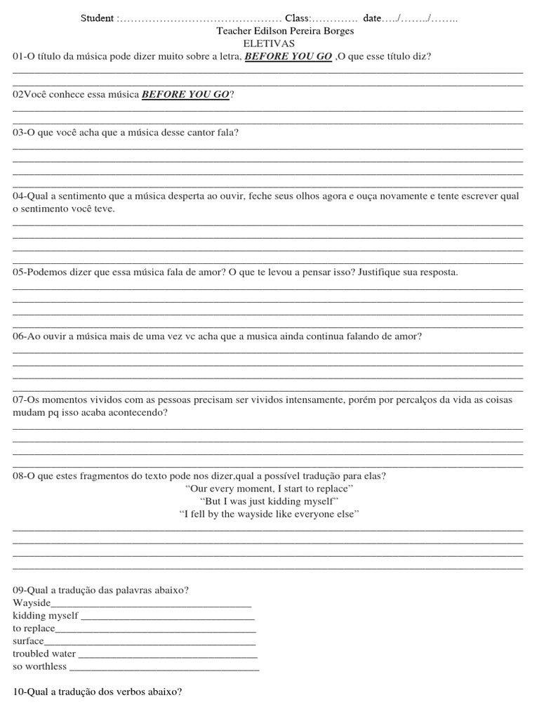 Atvidades Sobre BEFORE YOU GO | PDF | Música gravada | Gravação de som