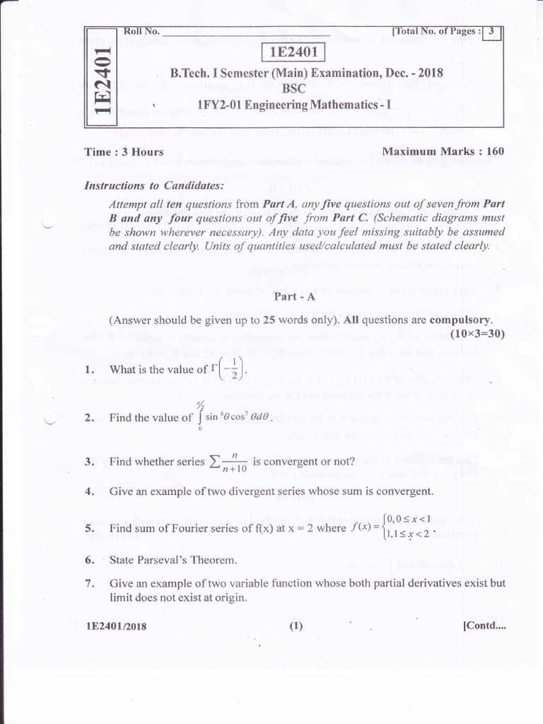 B.Tech Engineering Mathematics Exam 2018 | PDF | Mathematical Analysis ...