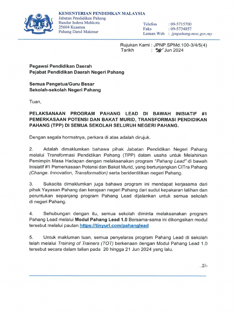 PELAKSANAAN PROGRAM PAHANG LEAD DI BAWAH INISIATIF #1 PEMERKASAAN ...