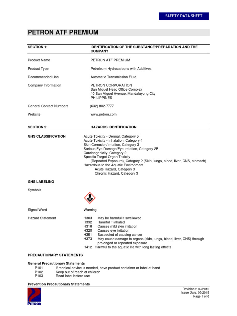 Sds Petron Atf Premium | PDF | Toxicity | Occupational Safety And Health