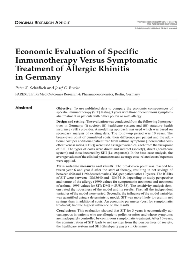 Economic Evaluation of Specific Immunotherapy Versus Symptomatic Treatment of Allergic Rhinitis ...