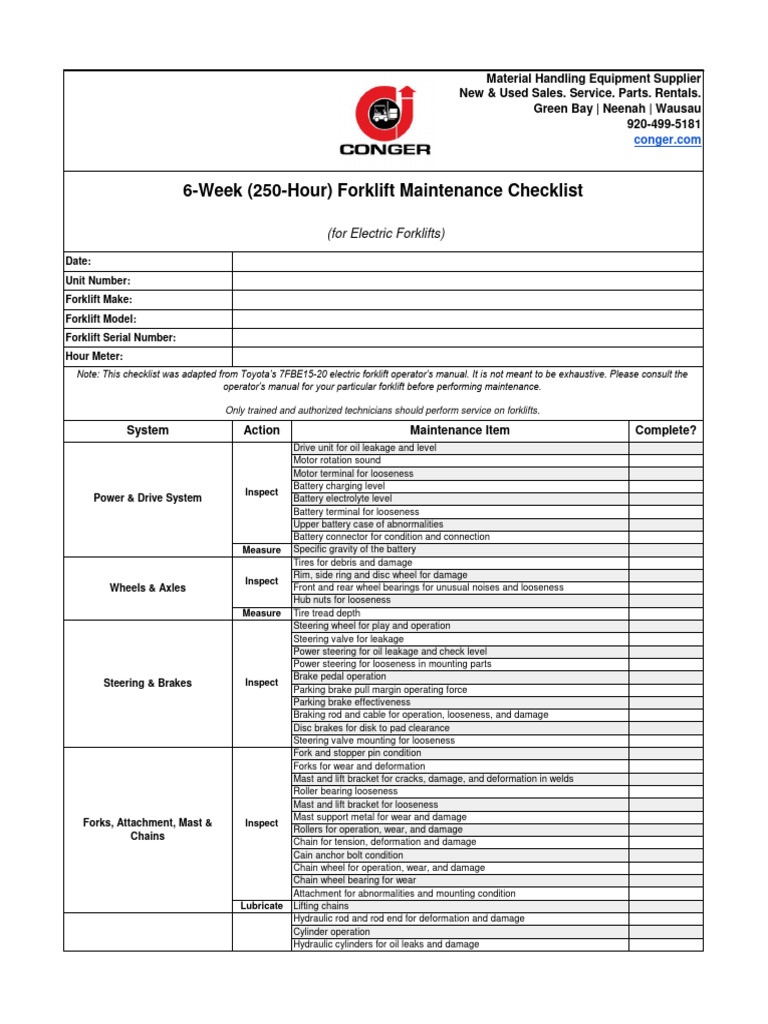6 Week 250 Hour Forklift Maintenance Checklist Electric | PDF ...