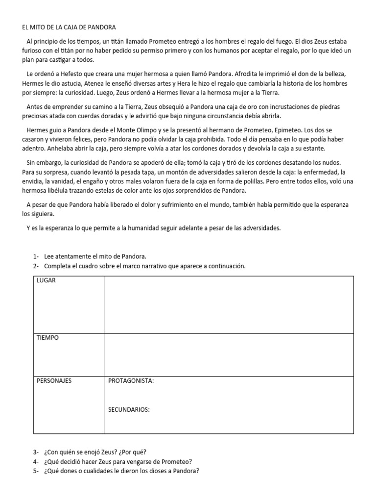 EL MITO DE LA CAJA DE PANDORA.. Actividades | PDF | Prometeo
