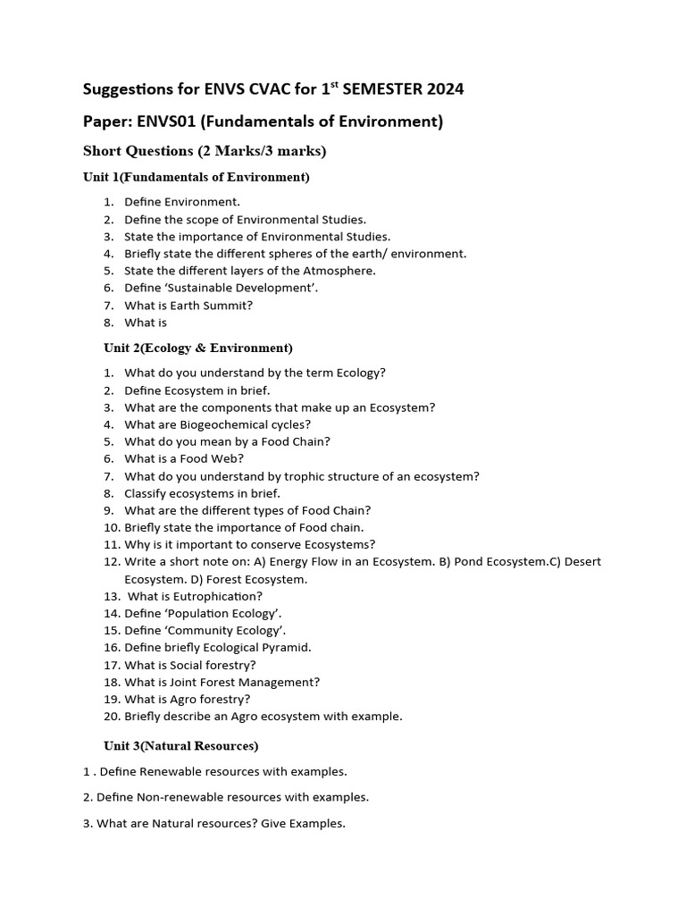 ENVS 1st Semester Suggestions 2024 | PDF | Ecology | Biodiversity