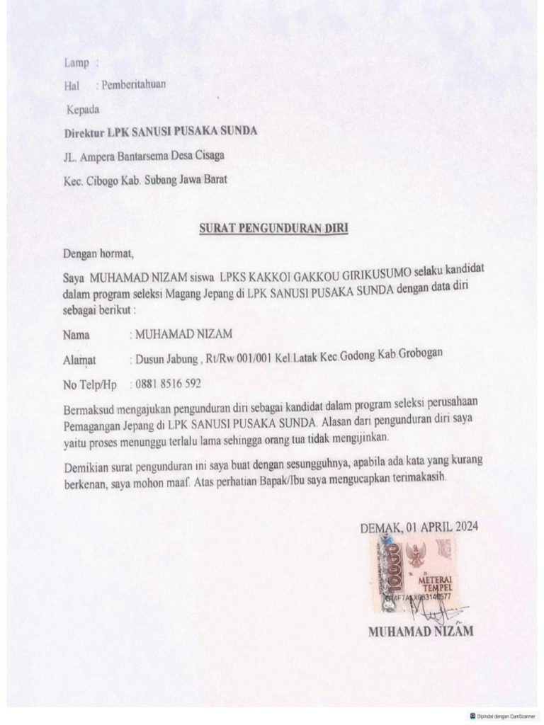 SURAT PENGUNDURAN DIRI Muhamad Nizam | PDF