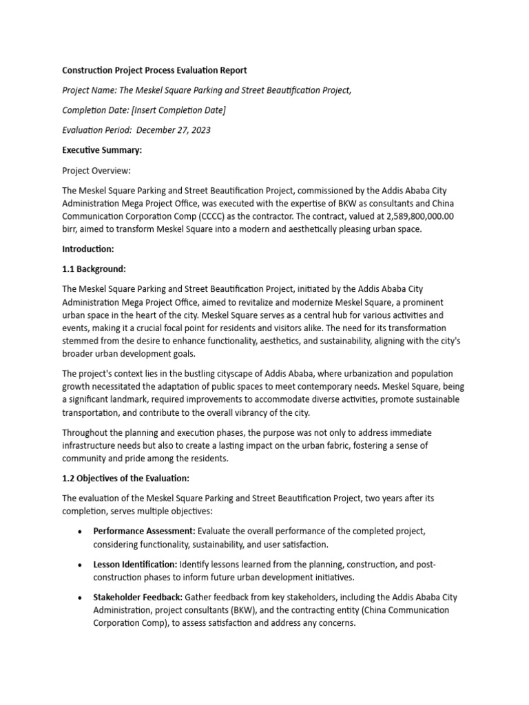 Meskel Square Project Evaluation Report | PDF | Project Management ...