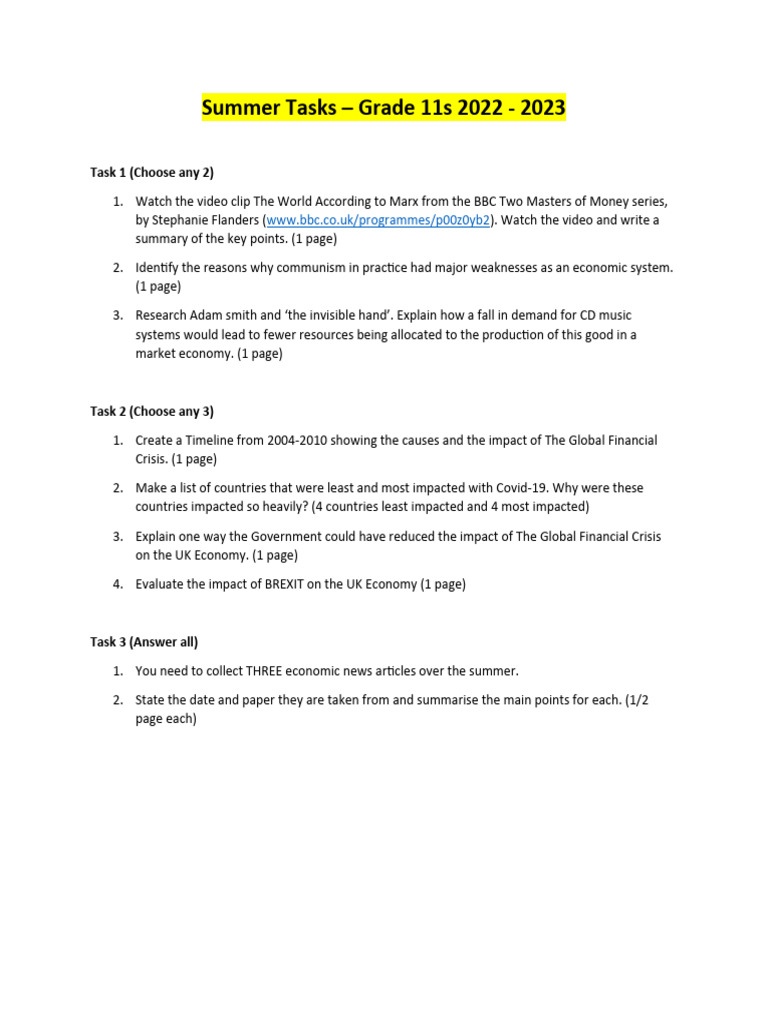 Summer Tasks | PDF | Finance & Money Management