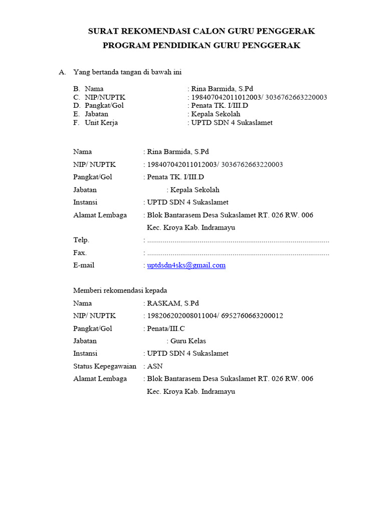 Surat - Rekomendasi - CGP - 11 - REGULER | PDF