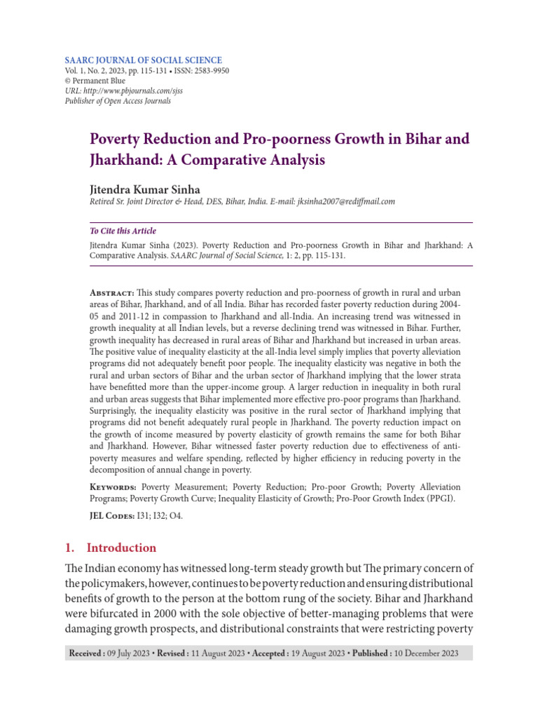 Poverty Reduction and Pro-Poorness Growth in Bihar and Jharkhand: A ...