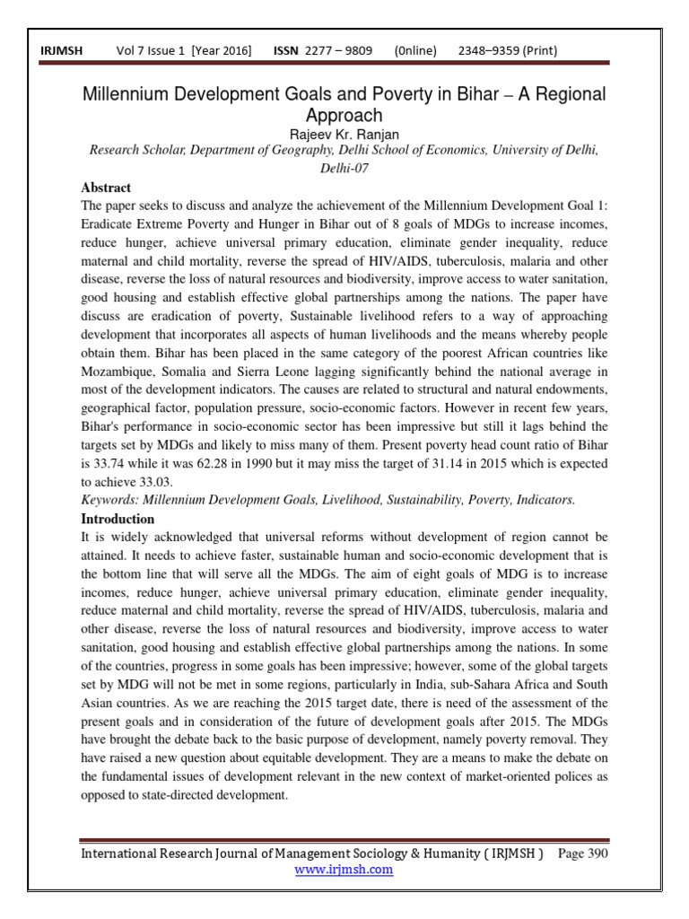 Millennium Development Goals and Poverty in Bihar–A Regional Approach | Download Free PDF ...