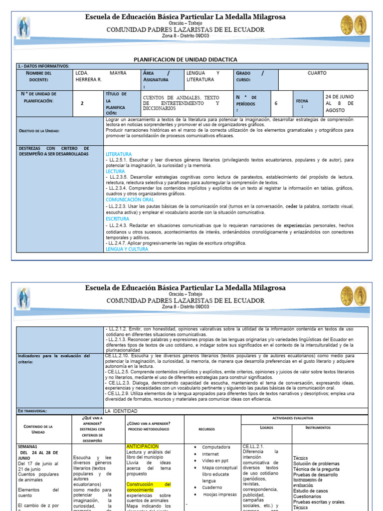Planificación Unidad 2 4TO GRADO 4 AREAS | PDF | Aprendizaje | Comunicación