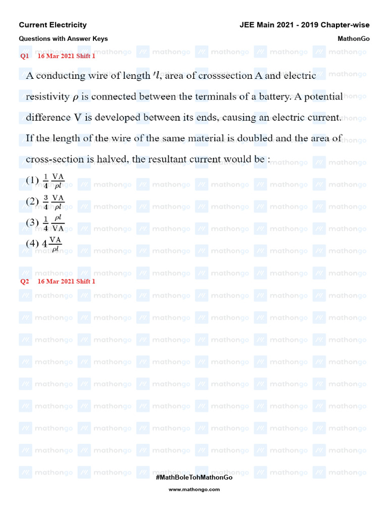 Current Electricity - JEE Main 2021 - 2019 Chapter-Wise | PDF