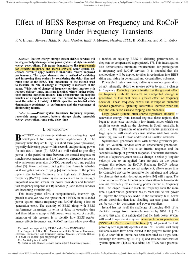 Effect of Bess Response On Frequency and Rocof During Under Freq 2018 ...