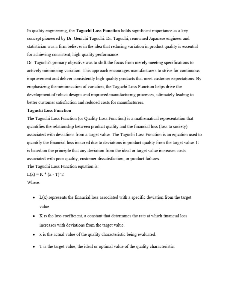Taguchi Loss Function Pdf Loss Function Engineering Tolerance