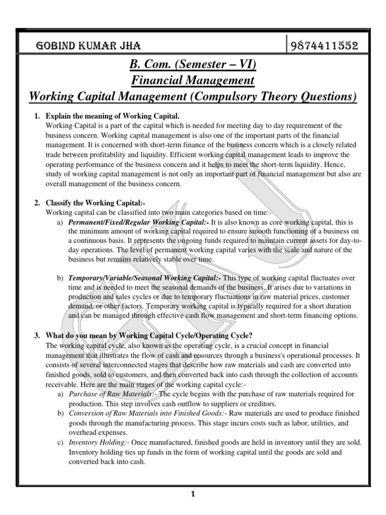 Sem - VI FM Working Capital Management Compulsory Theory Questions ...