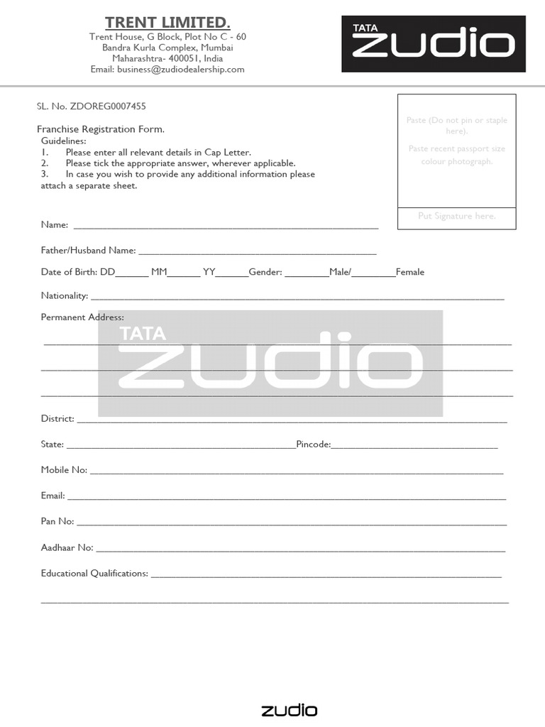 Zudio Franchise Registration Form | PDF