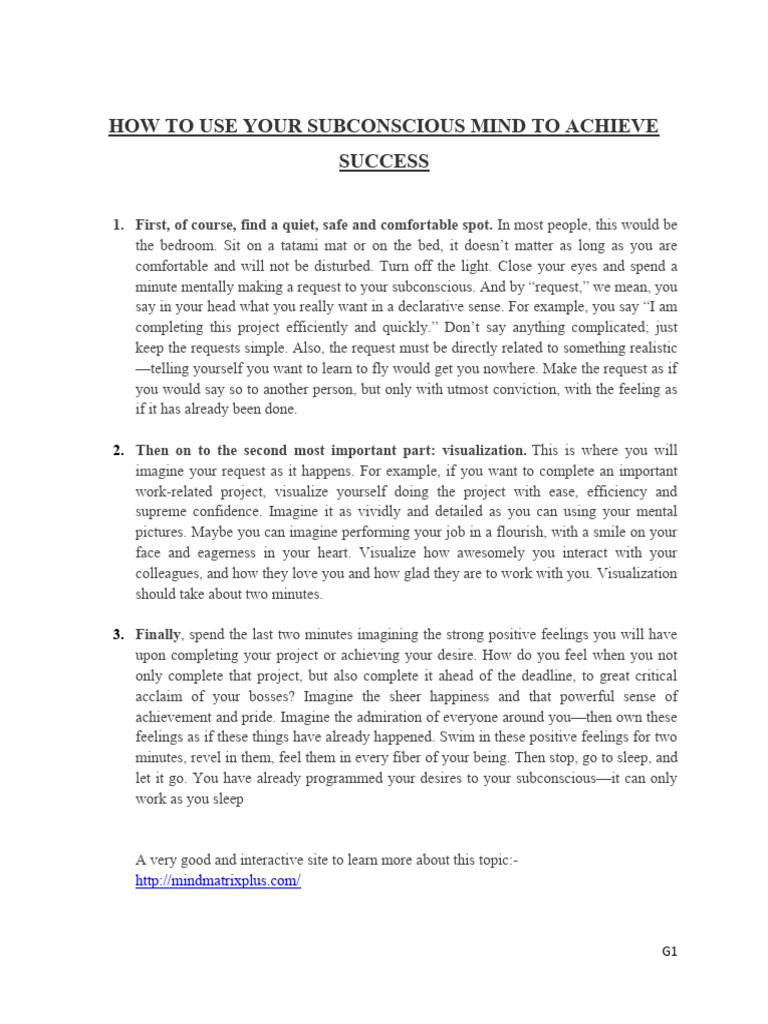 HOW TO USE YOUR SUBCONSCIOUS MIND TO ACHIEVE SUCCESS, Asclkmnkcl | PDF | Self-Improvement