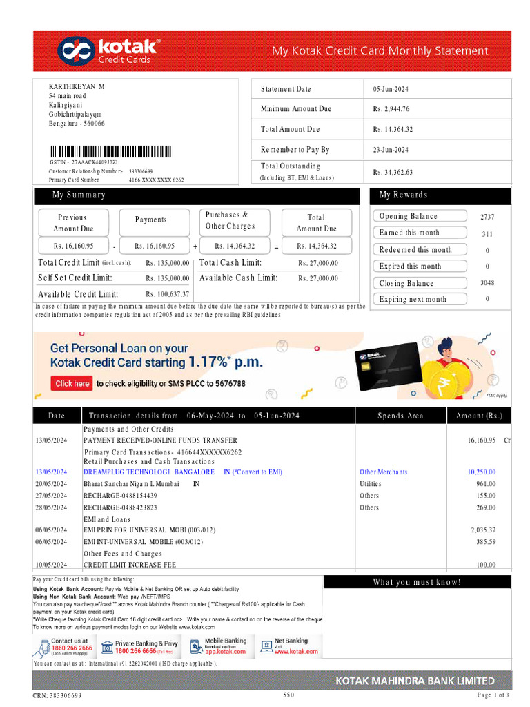 Kotak Credit Card Statement Summary | PDF | Credit Card | Services ...