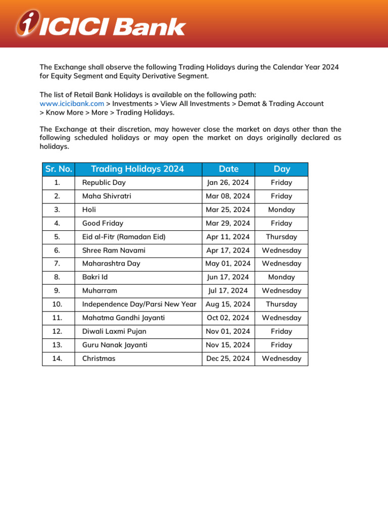 Trading Holidays 2024 Schedule | PDF
