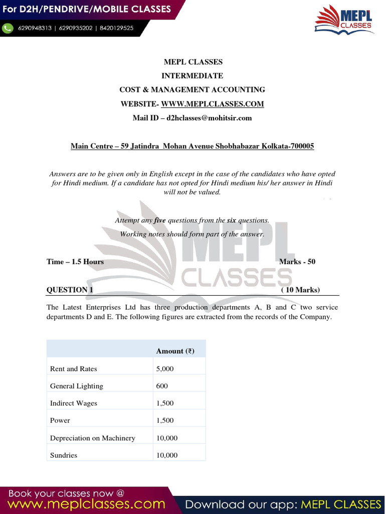 Inter Cost MGMT Acc - QP+Suggested MT Lab Oh | PDF | Inventory | Employment