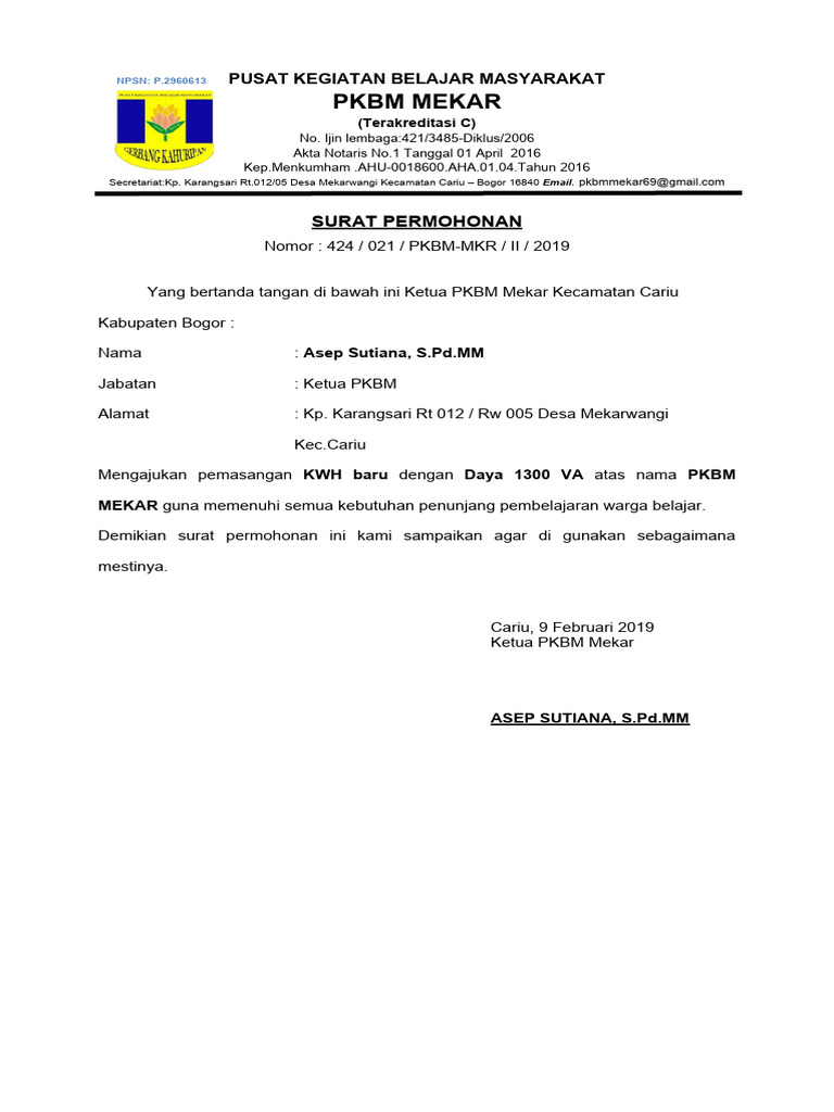SURAT Permohonan Pemasangan KWH | PDF