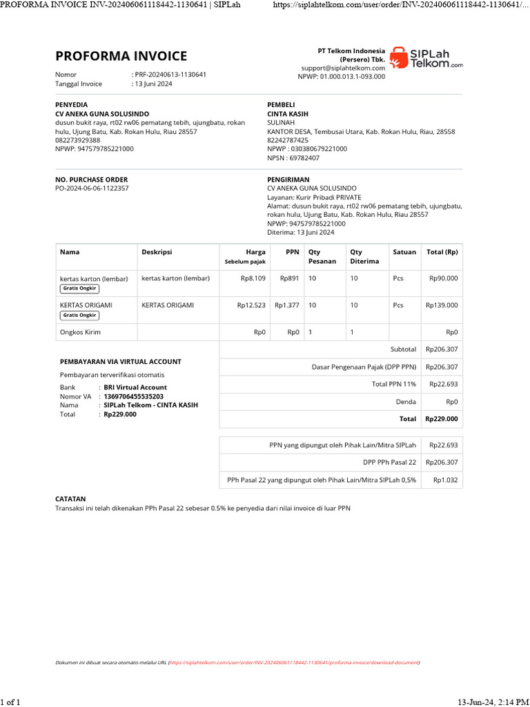 Proforma Invoice PT Telkom Indonesia | PDF