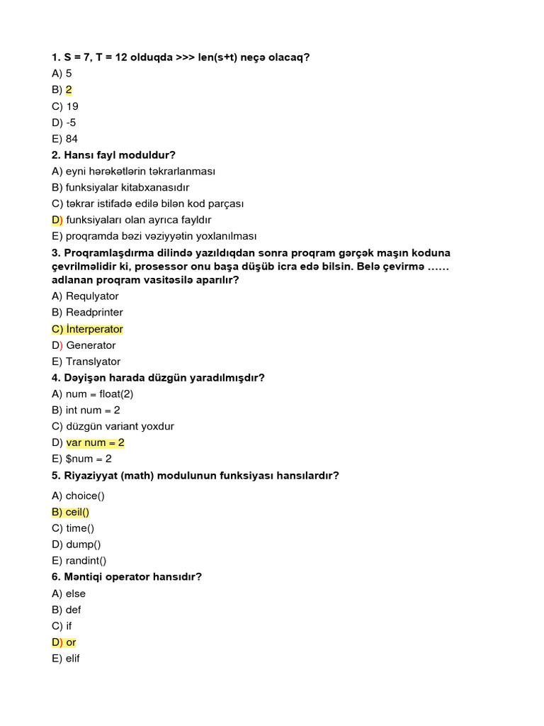 Proqramlaşdırmanınsasları Suallar | PDF