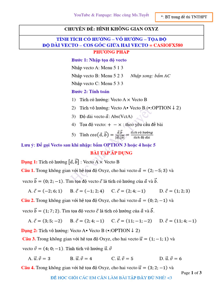 Toán 12. Oxyz. Casio Tích Có Hư NG, Vô Hư NG, Đ Dài, Góc Gi A Hai Vecto | PDF
