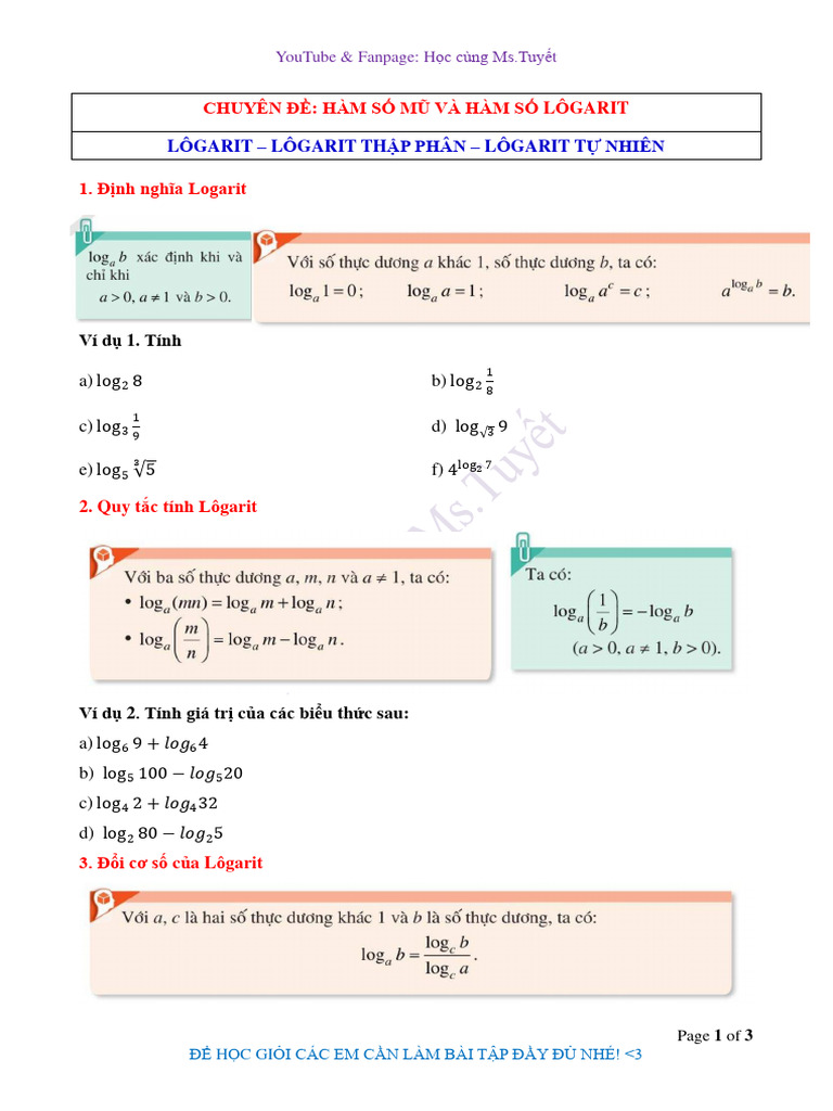 Toán 12&11CTM. LOGA. Tiết 3. Lôgarit - Công thức và bài tập tự luận | PDF