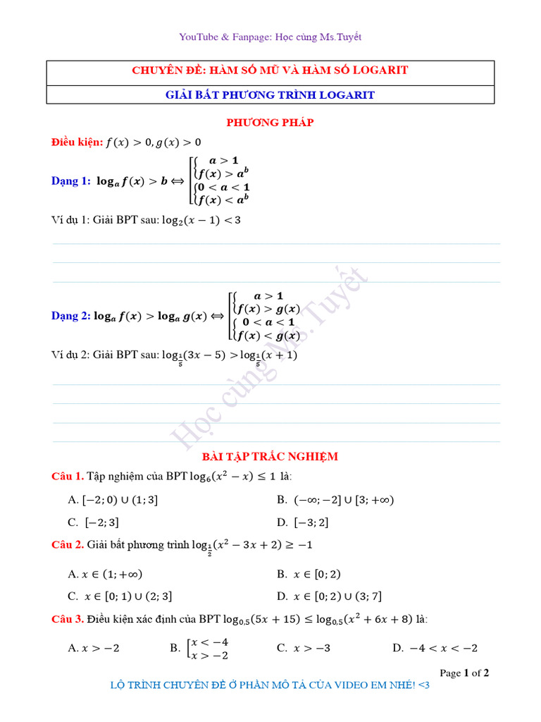 Toán 12&11CTM. LOGA. Tiết 10. Giải BPT Logarit | PDF