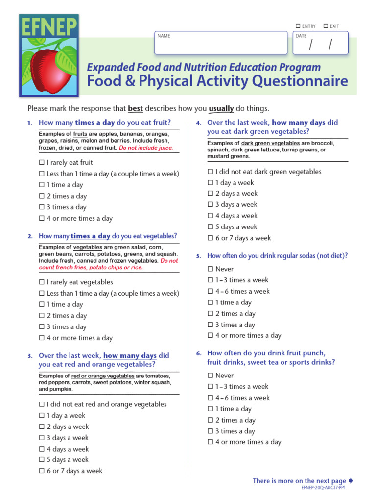 Adult Food and Physical Activity Questionnaire - English | PDF ...