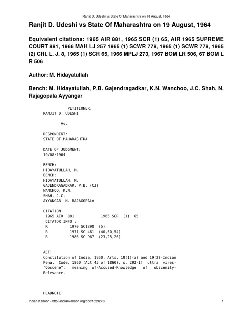 Ranjit D Udeshi Vs State of Maharashtra On 19 August 1964 | PDF | Obscenity | Mens Rea