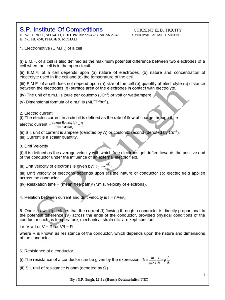 Current Electricity Concepts and Formulas | PDF | Electrical ...