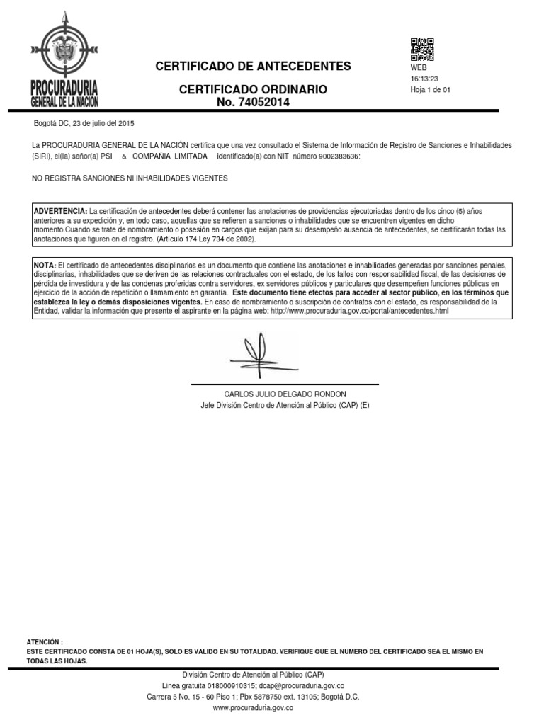 Certificado Procuraduria empresa | Descargar gratis PDF | Justicia | Crimen y violencia