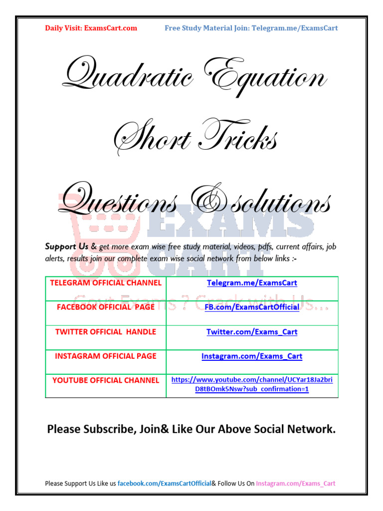 Quadratic Equation Short Tricks Question Answers PDF by (ExamsCart ...