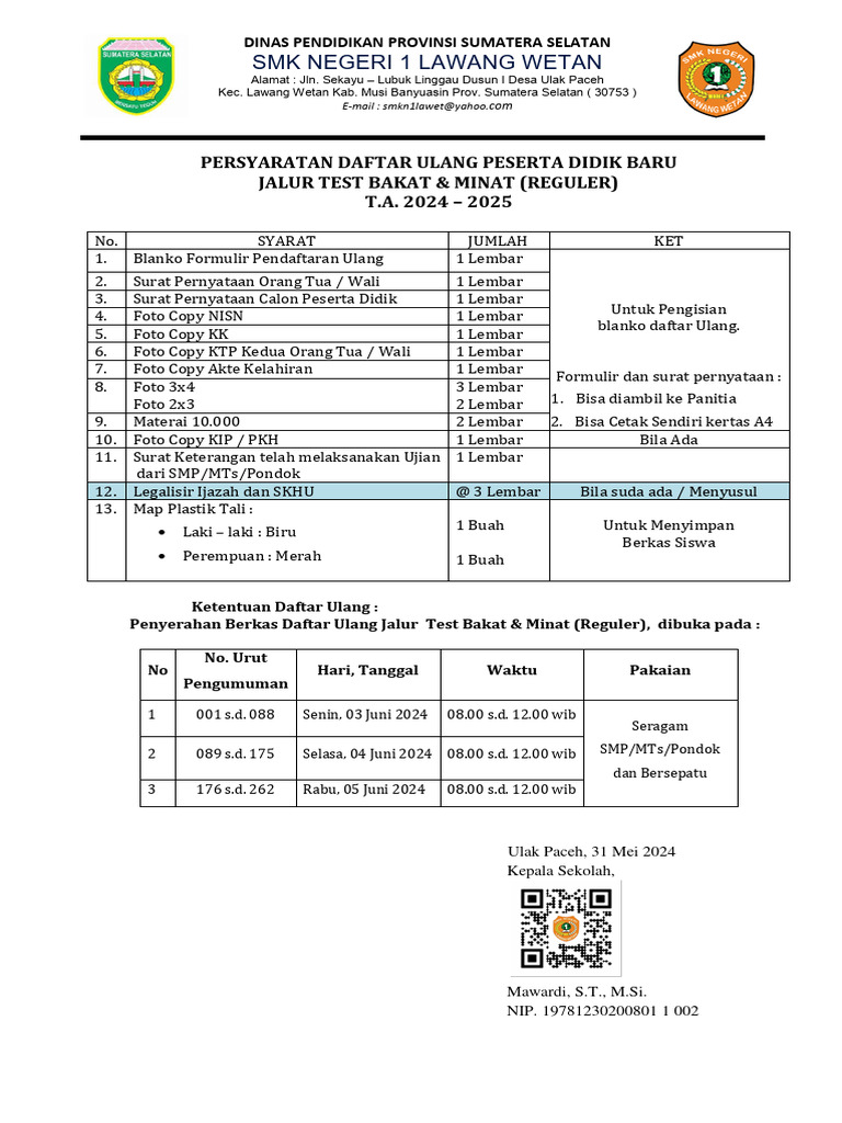 Syarat Dan Formulir Daftar Ulang PPDB SMKN 1 Lawet 2024 | PDF