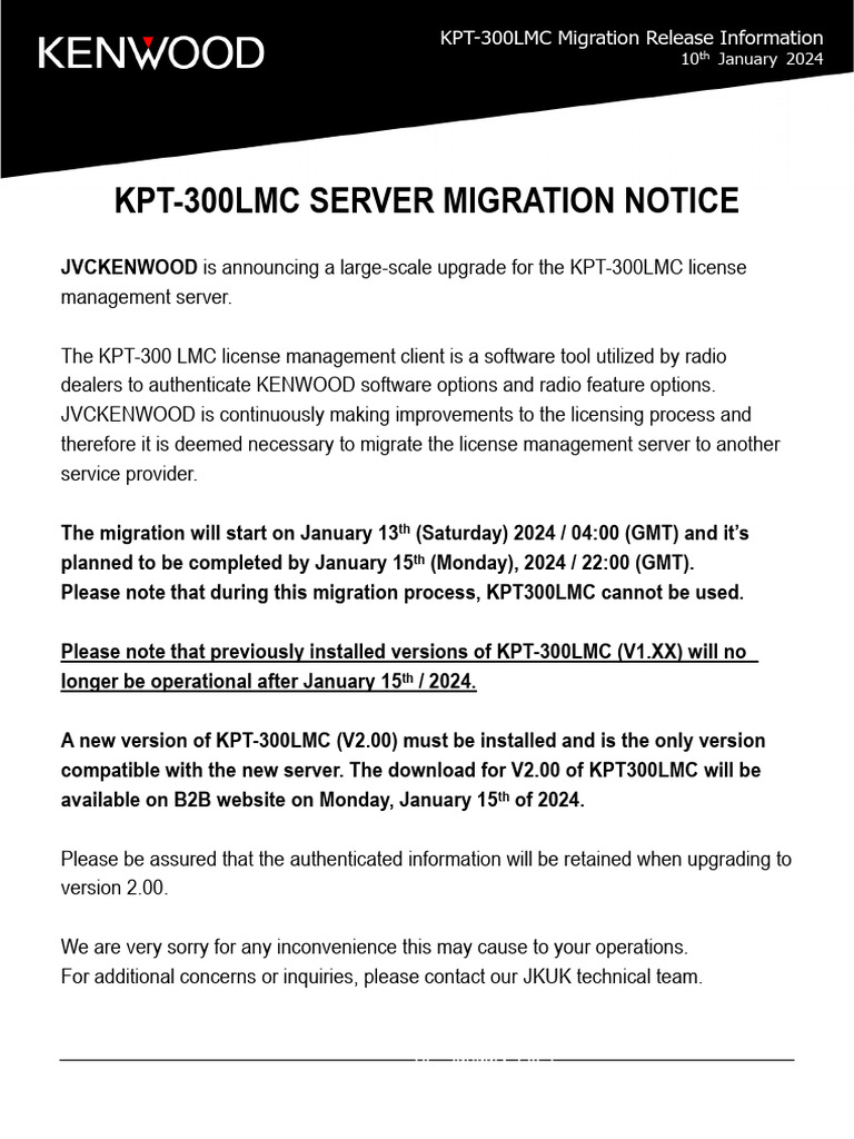 KPT-300LMC Server Migration Alert | PDF