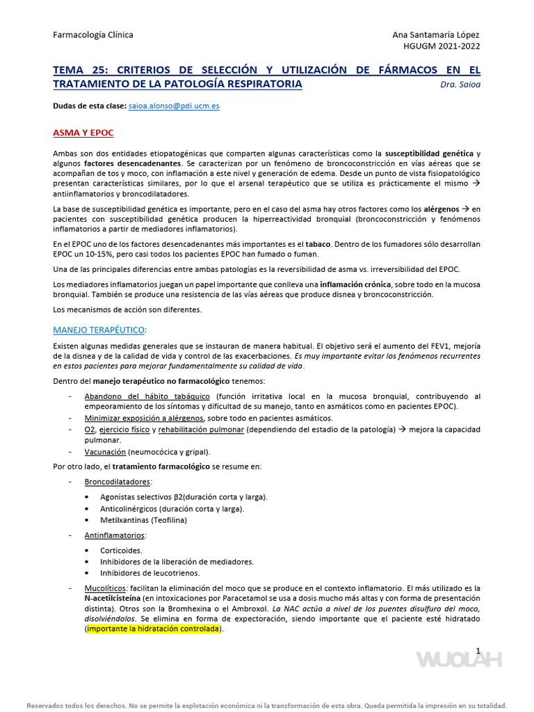 Tema 25 Seleccion y Utilizacion de Farmacos en Patologia Respiratoria ... Tema 25 Seleccion y Utilizacion de Farmacos en Patologia Respiratoria ...
