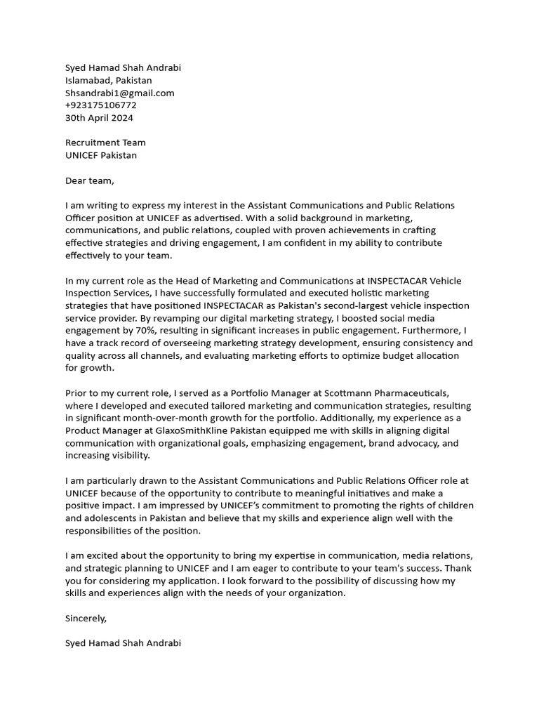 Hamad Andrabi's Cover Letter | PDF