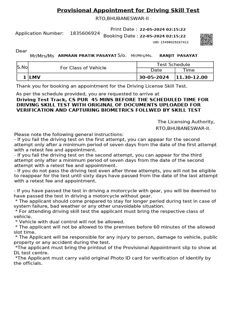 Provisional Appointment For Driving Skill Test: Mr/Mrs/Ms | PDF ...