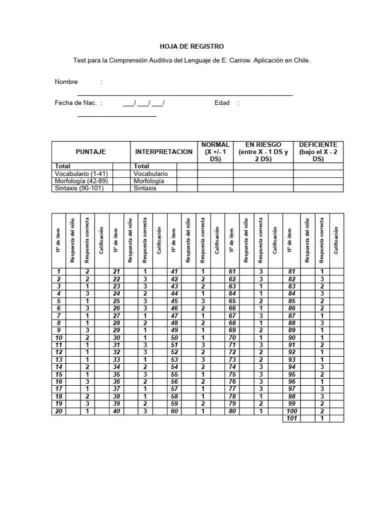 Protocolo de Registro Test de Comprensión Auditiva Del Lenguaje - TECAL ...
