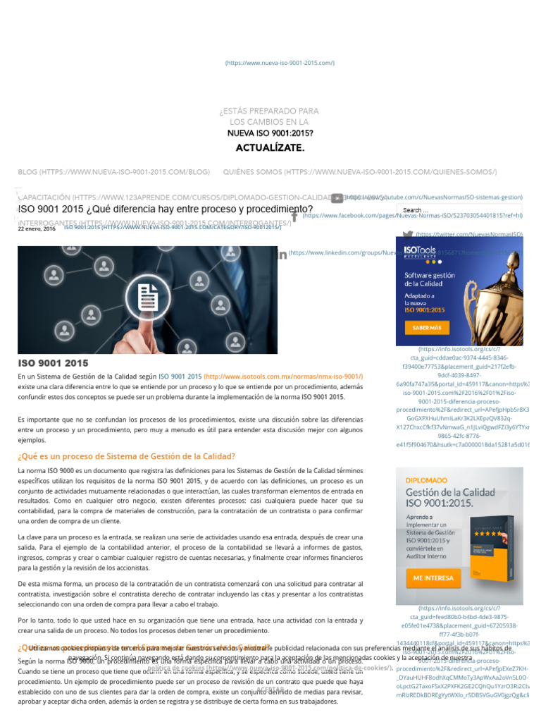 ISO 9001 2015 Diferencias Entre Proceso y Procedimiento | PDF | Gestión ...