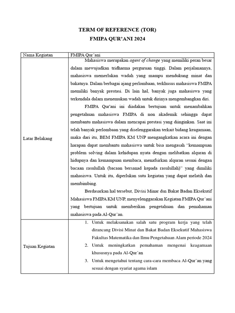 Term of Reference (Tor) - Fmipa Qur'Ani 2024 | PDF