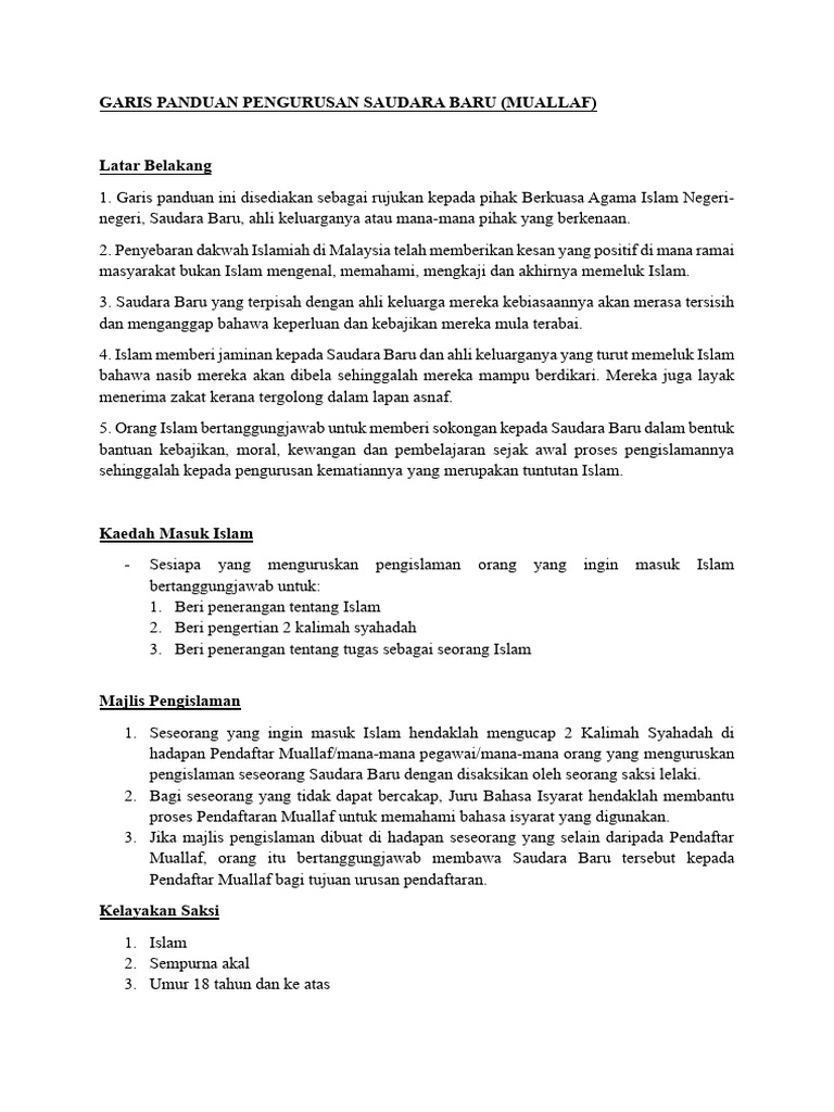 Nota Garis Panduan Pengurusan Saudara Baru (Muallaf) | PDF