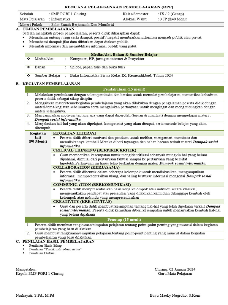 RPP 1 Lembar - Tik Kelas 9 | PDF