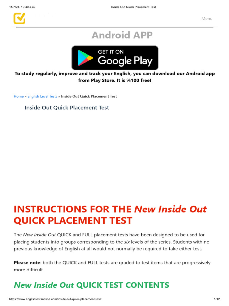 Inside Out Quick Placement Test | PDF | Google Play